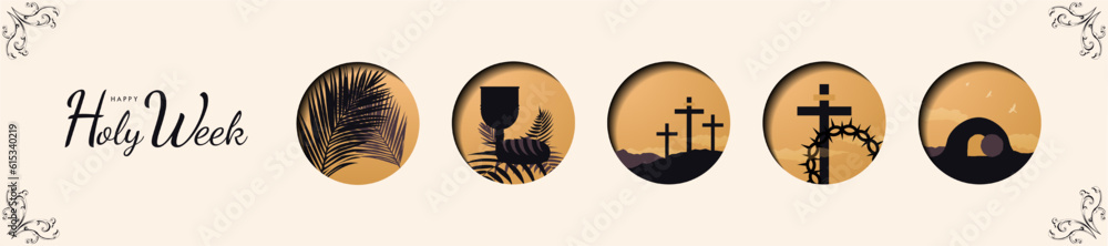 Holy Week Banner. Set of Holy Week Icons, palms, wine and bread ...