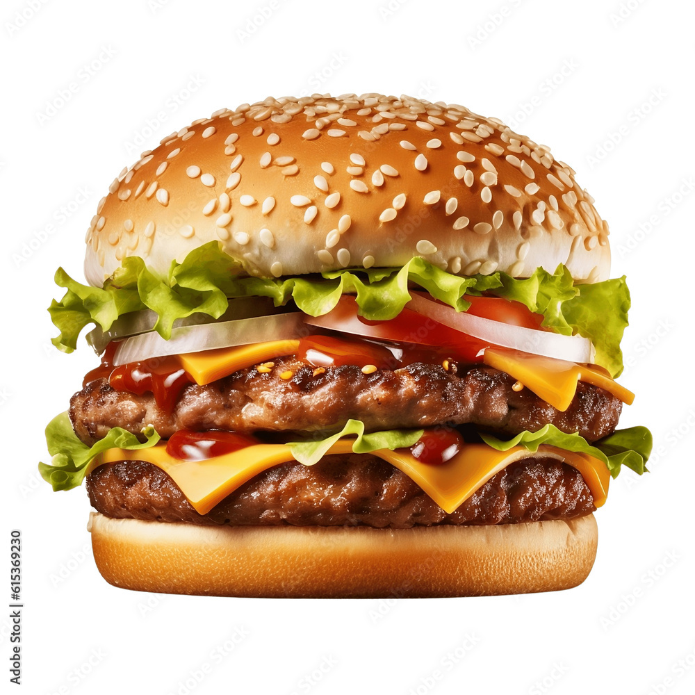 Tasty double beef burger isolated on transparent white background. Big fresh juicy cheeseburger ...