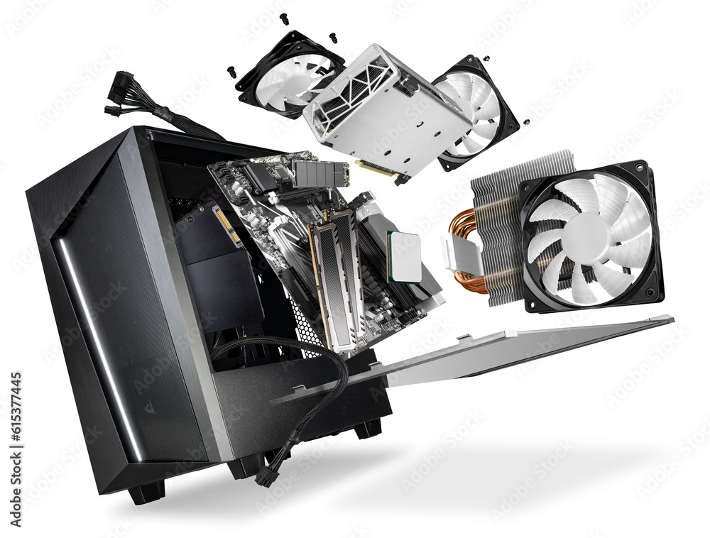 flying parts of a modern computer. hardware components mainboard cpu ...