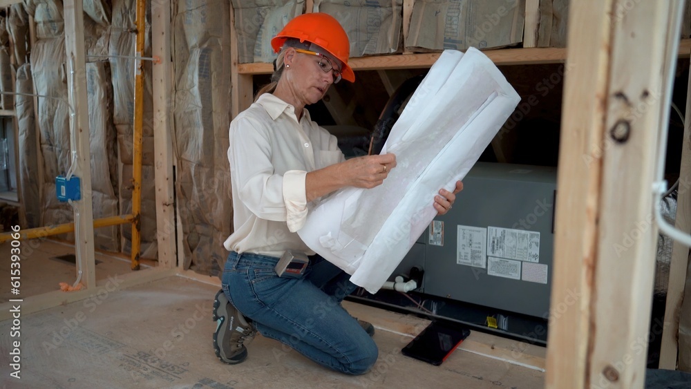 Foto de Stock Female mechanical engineer walks to HVAC unit and kneels ...