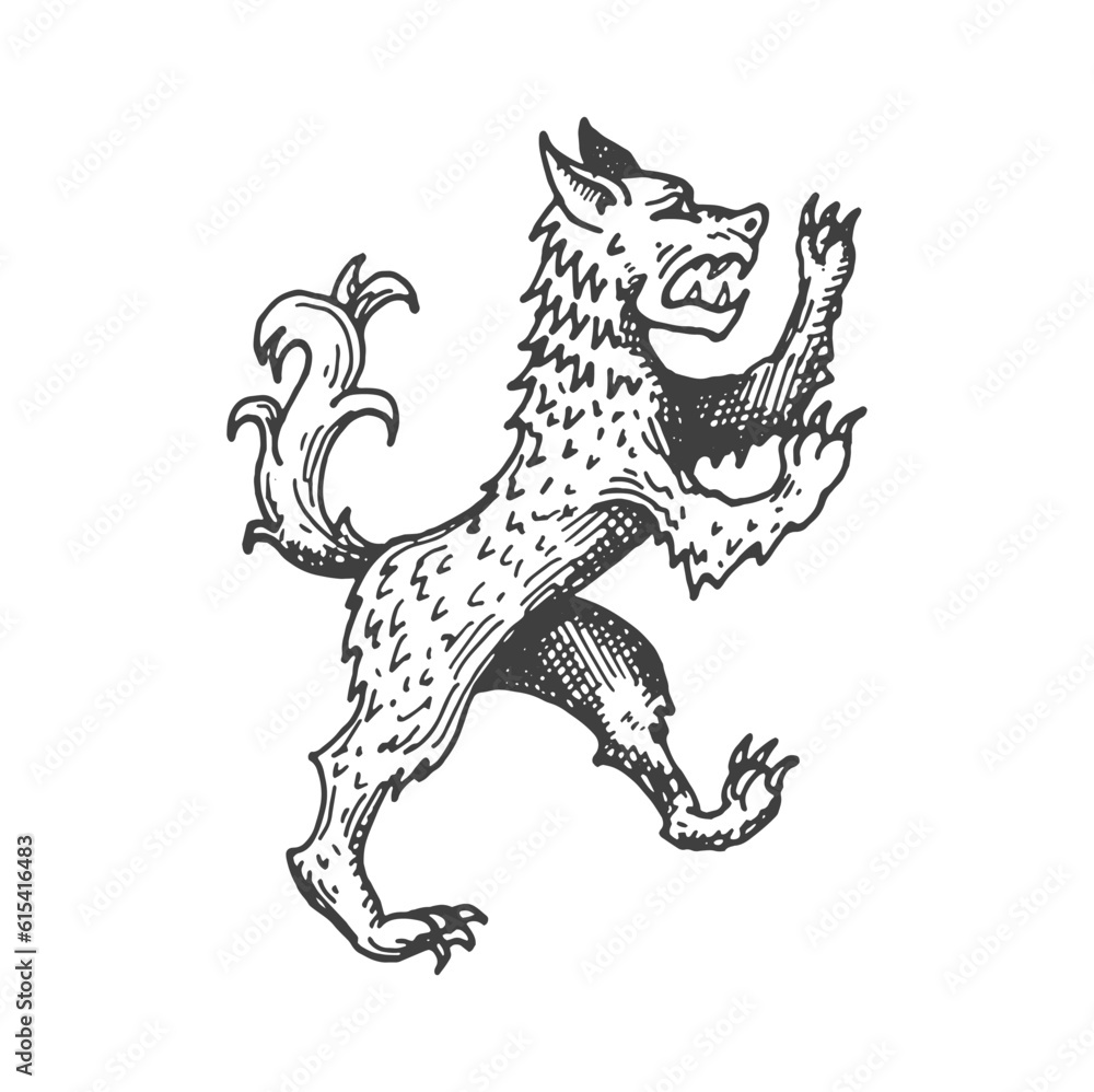 Wolf medieval heraldic animal sketch. Magic monster, mythology creature ...
