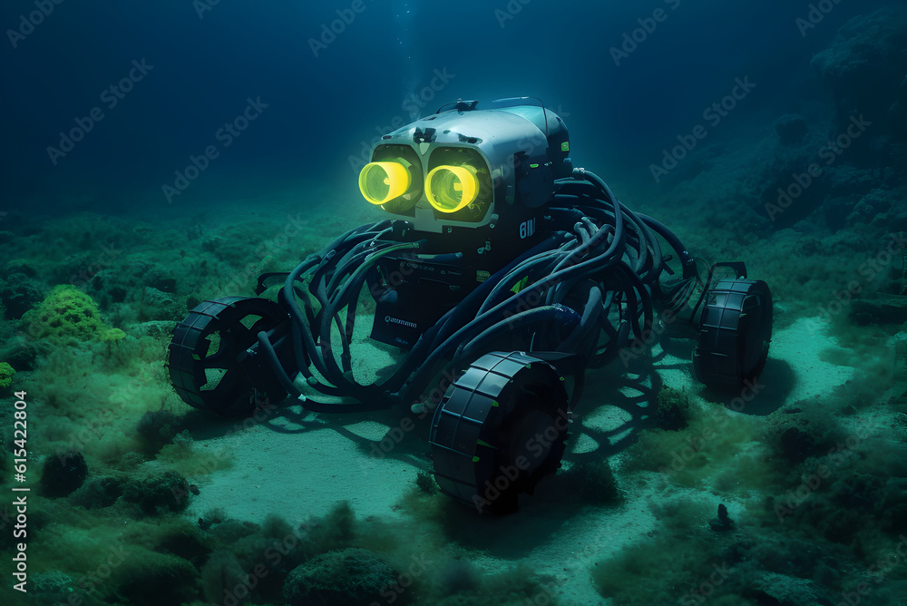 Underwater robots with spotlight eyes on the bottom of the ocean depths ...