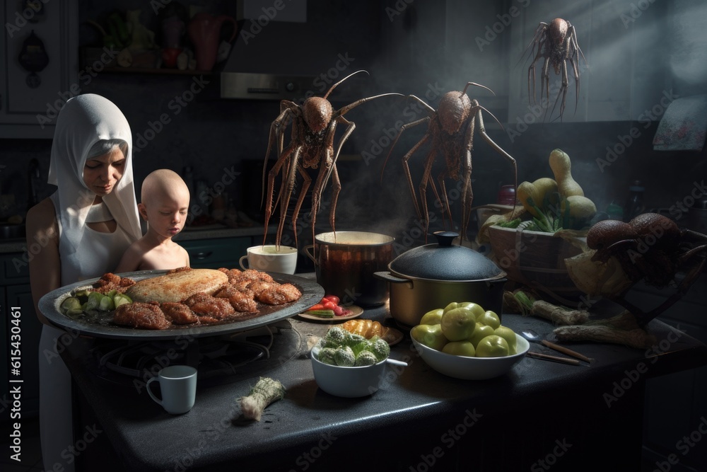 alien mother serving breakfast to her children, with family feast in ...