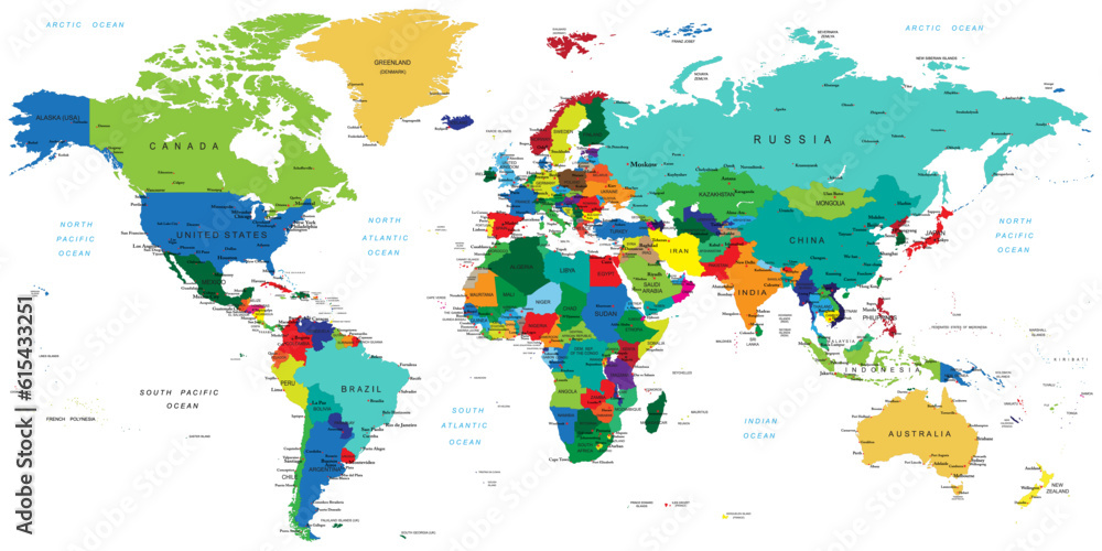 เวกเตอร์ Stock Colored world map. Political maps, colourful world ...