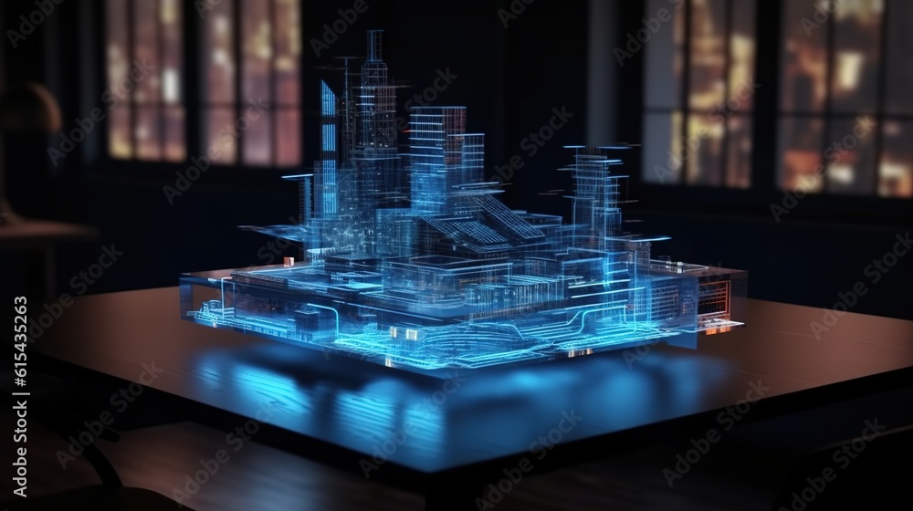 Hologram of a house and design in Real Estate project. Future Concept ...