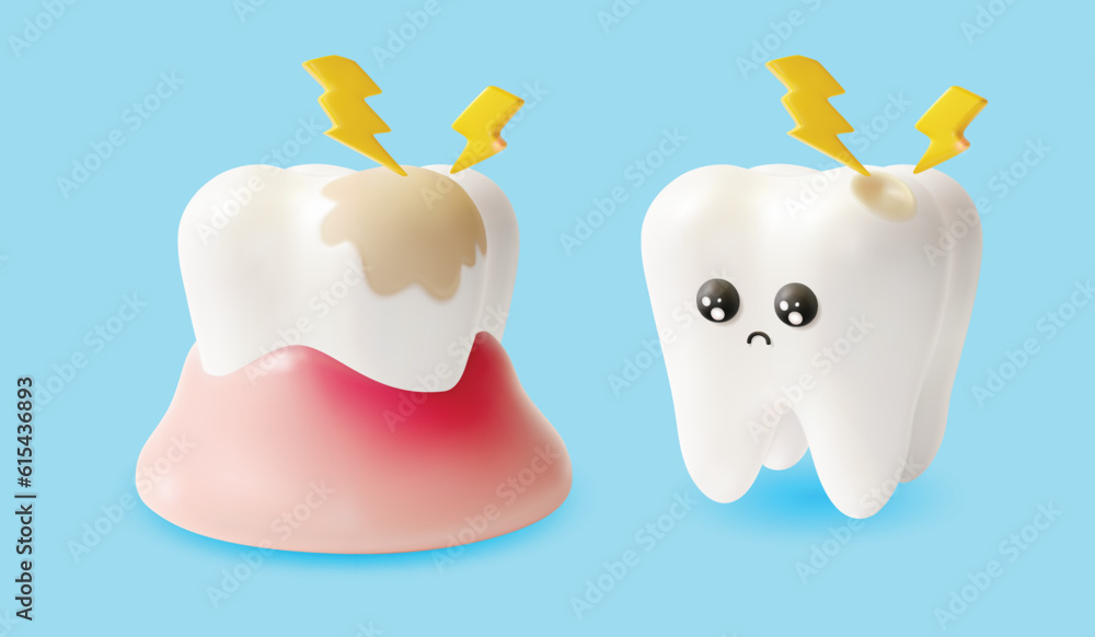 3d Stinging Pain Concept and Cute Character Tooth Sick with Caries ...
