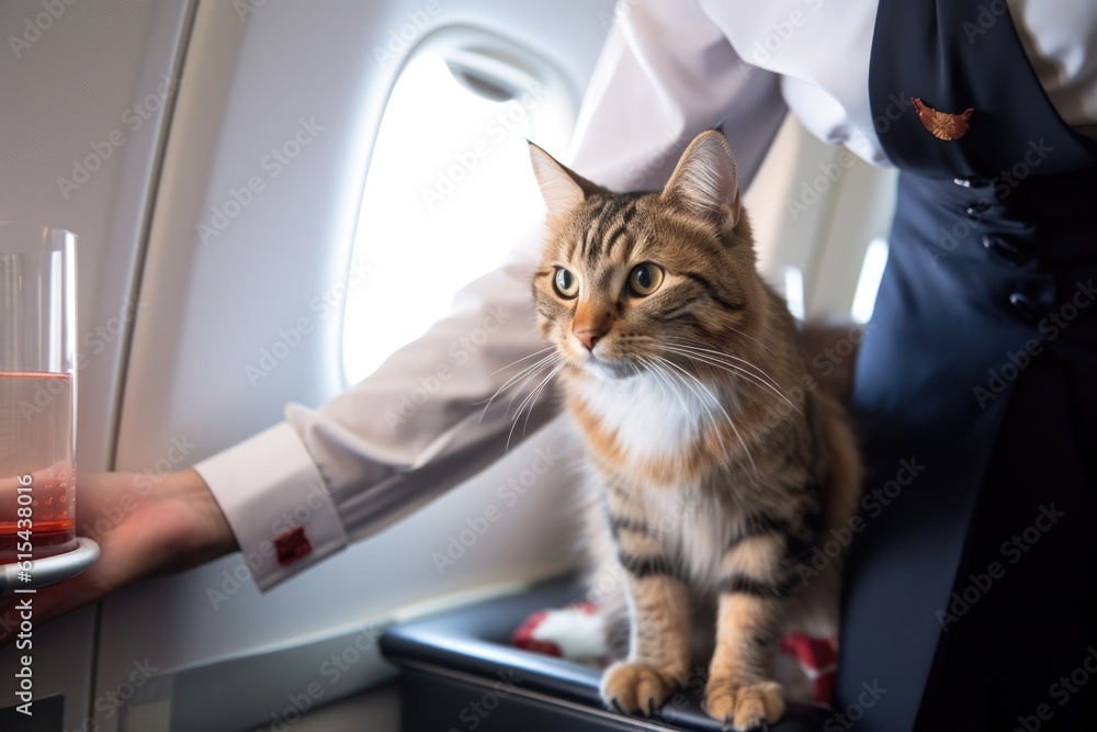 feline flight attendant delivering welcome drinks and snacks to ...