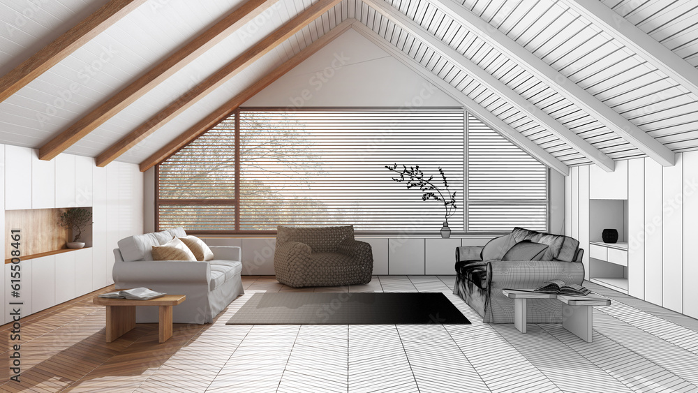 Architect interior designer concept: hand-drawn draft unfinished ...