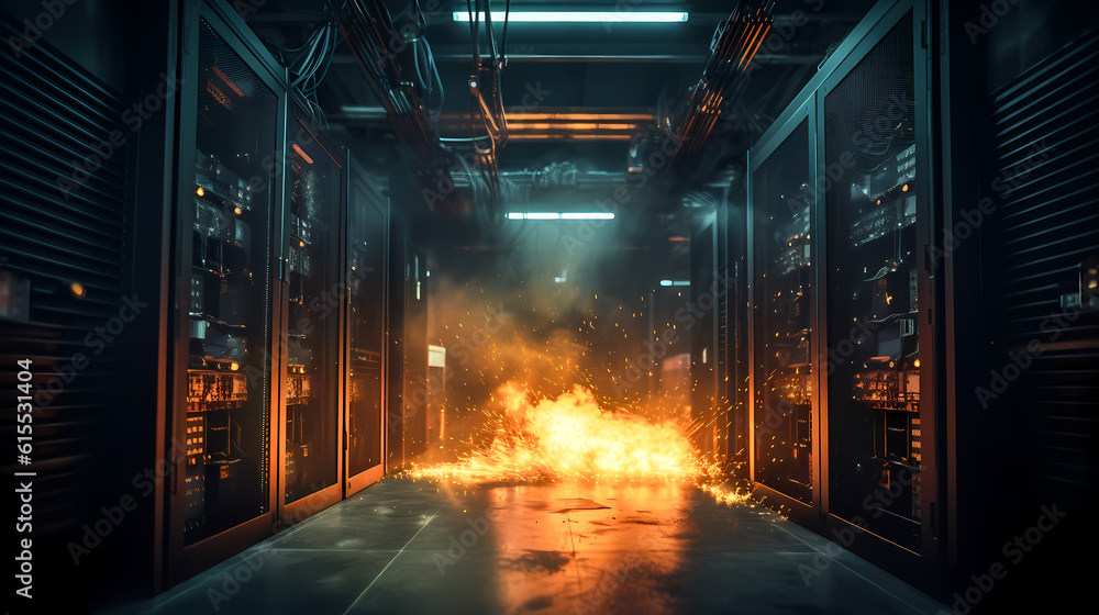 Server room Burning. Data center and supercomputer technology in fire ...