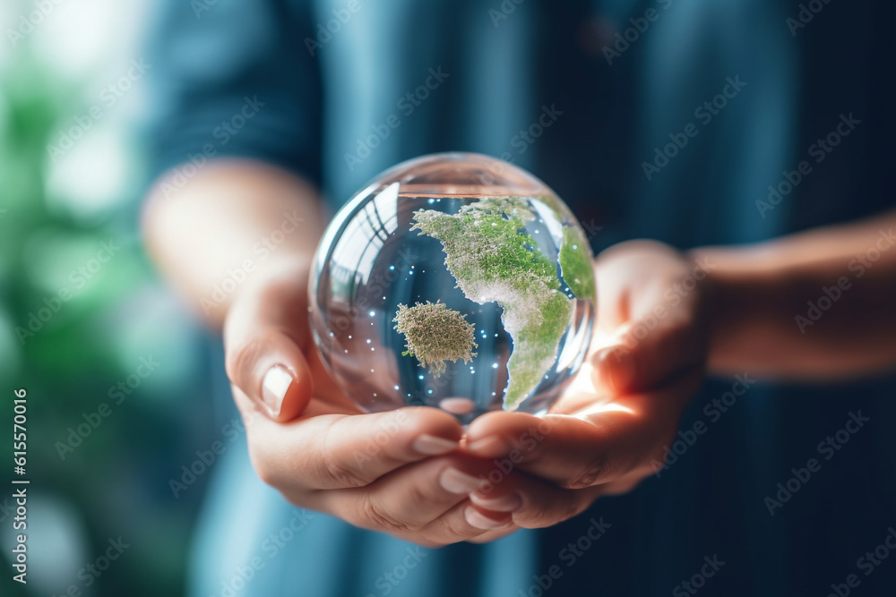 Hand holding cristal globe. World environment day concept. circular ...