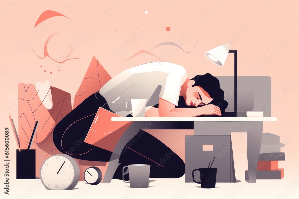 Exhausted woman employee lying on desk feeling overwhelmed with work ...