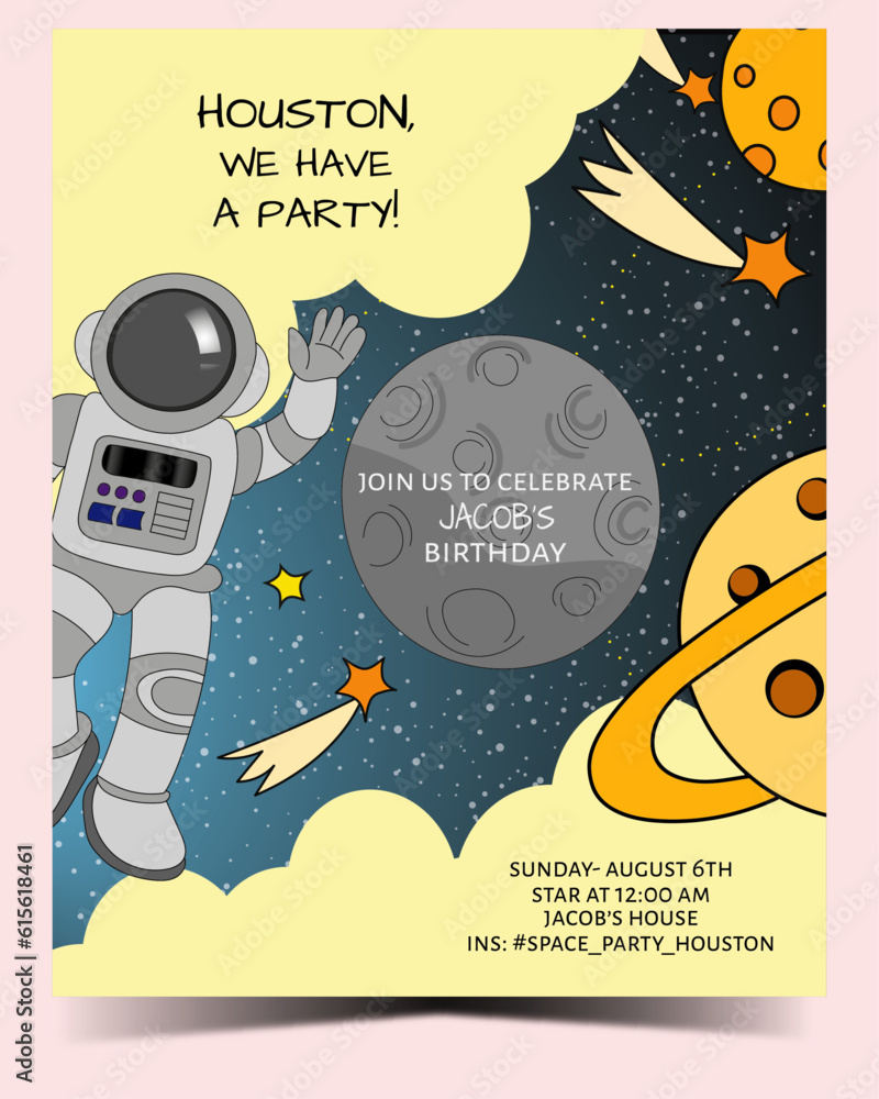 Invitation birthday card template with space and astronaut concept ...