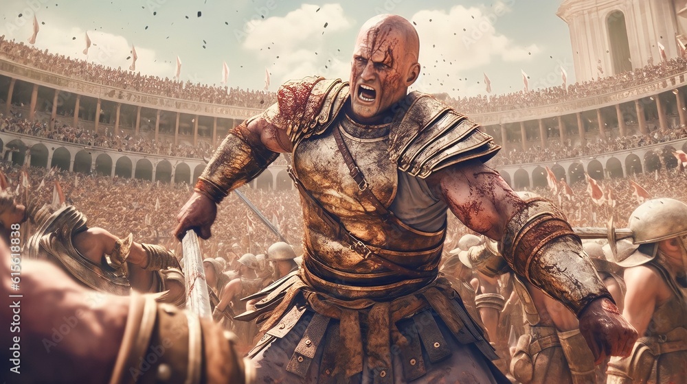 a fierce gladiator attacking. An armoured roman gladiator in combat ...