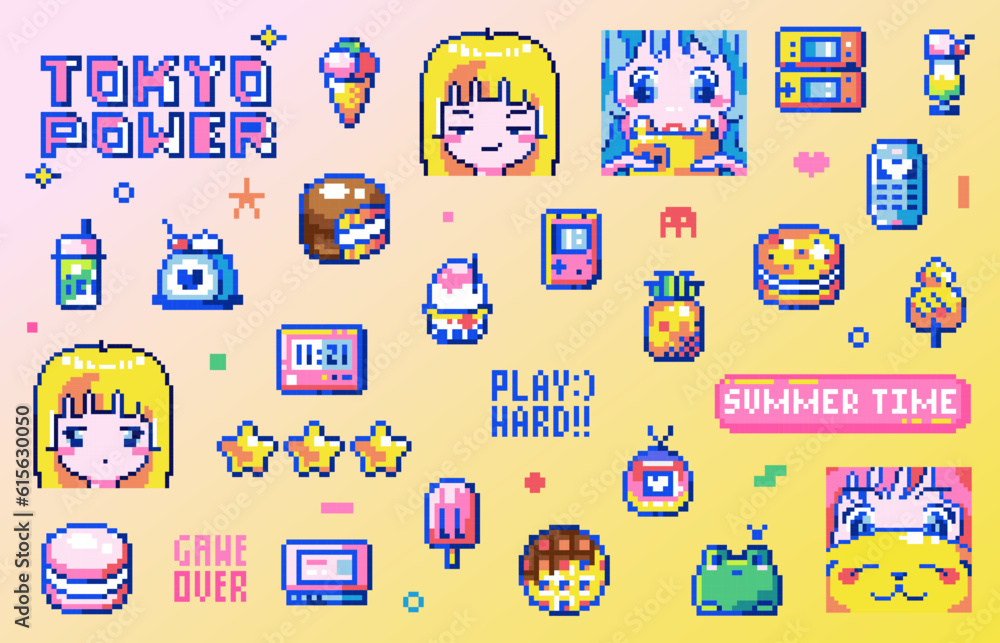 Summer Pixel Sticker Set. Y2K 8 Bit Pixel Art Set Featuring Cute Kawaii ...