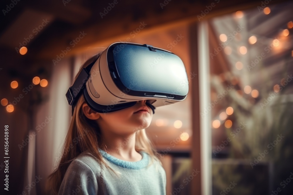 Little girl having fun time using VR glasses at home for learning ...