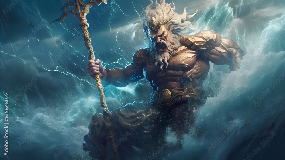 Giant poseidon coming out of the stormy sea. Greek mythological god ...