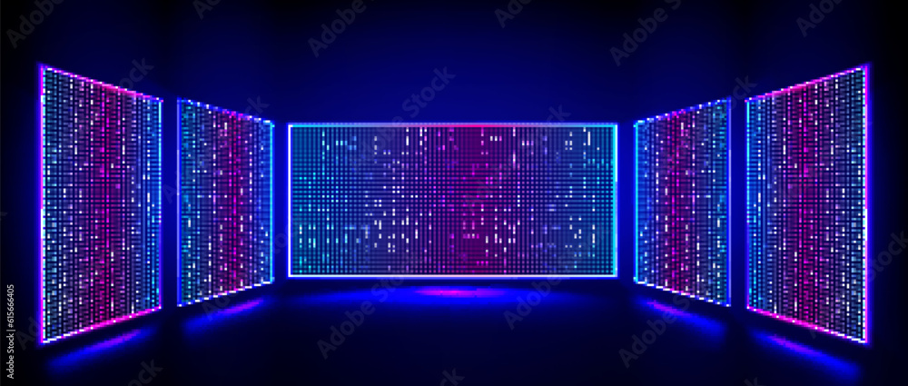 Led video walls, tv screens with light effect on stage. LCD video ...