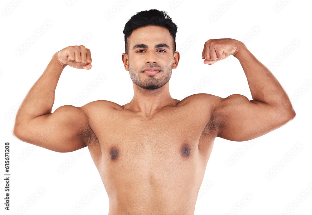 Bodybuilder, portrait of a man flex his muscles and strong isolated ...