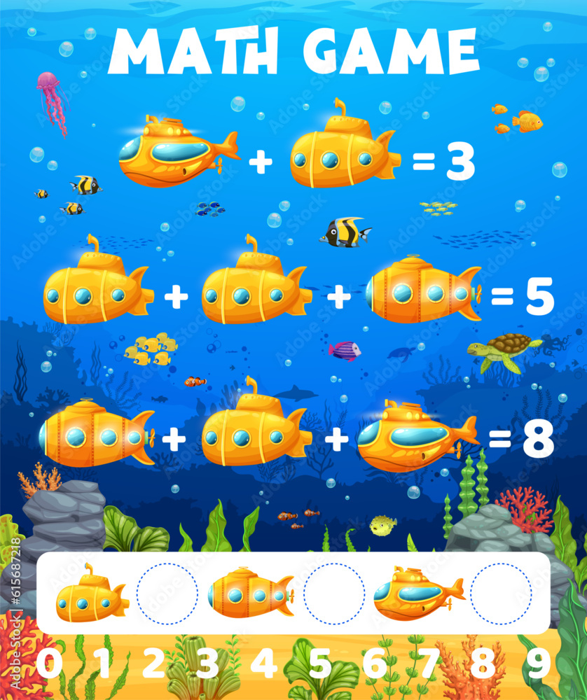 Math game worksheet, cartoon yellow submarine bathyscaphe, vector ...