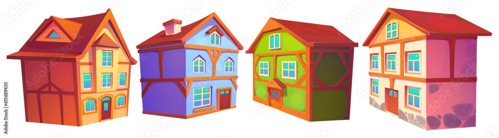 Old medieval germany town building vector set. European german city ...
