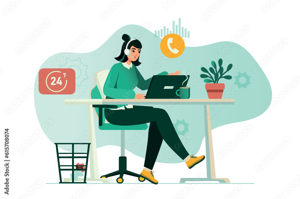 Call center concept with people scene in the flat cartoon style. The ...