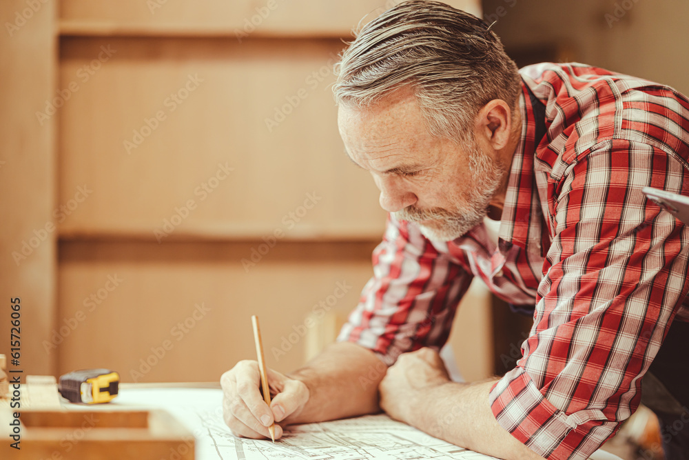 Senior professional engineer architect male working design drawing ...