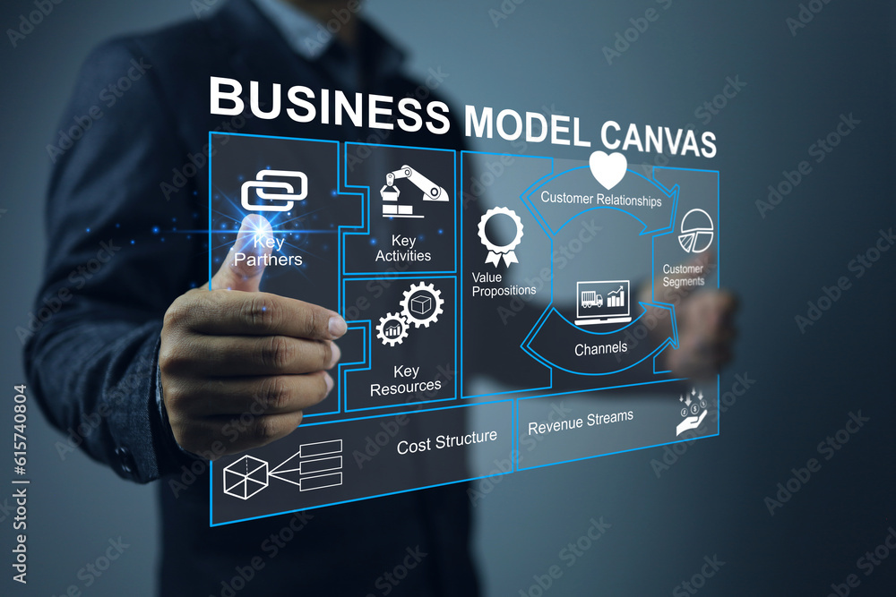 Businessman holding bmc chart or business model canvas as business ...