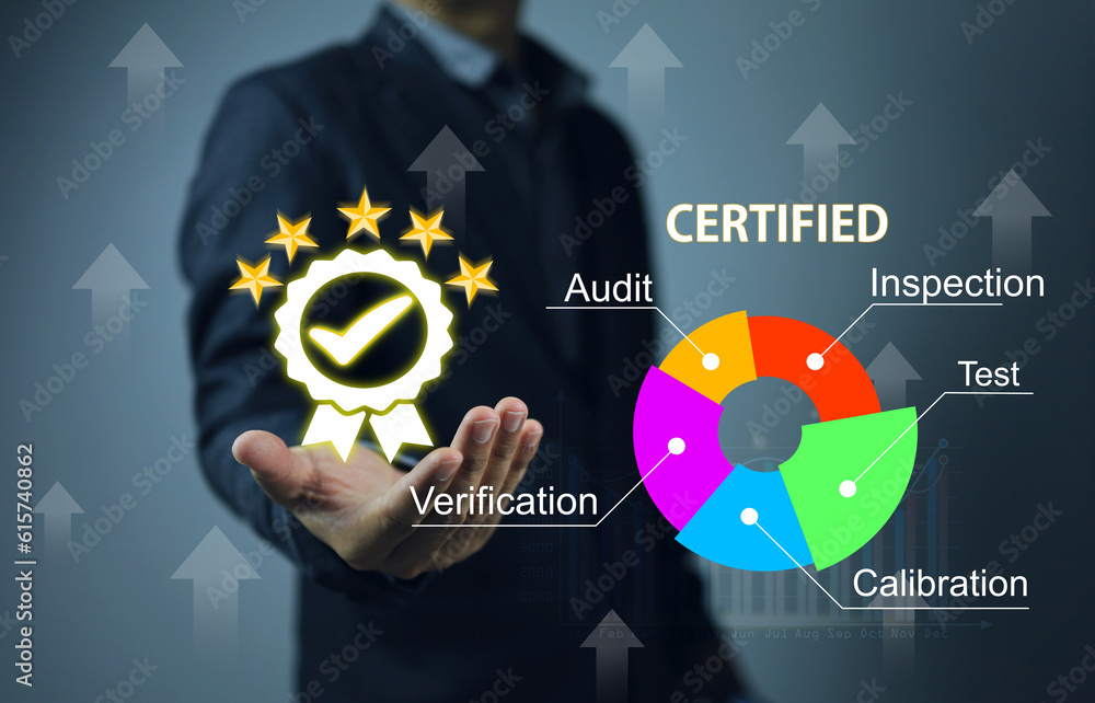 Business man is holding to work ISO standard cerfified, the ...