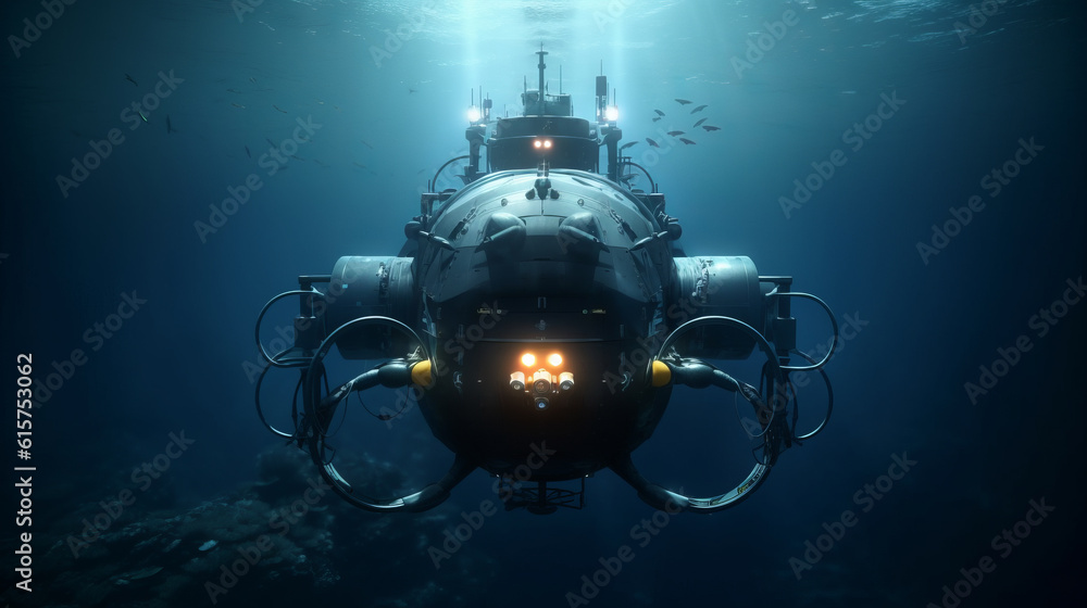 Diving small research submarine illustration in middle of dark waters ...