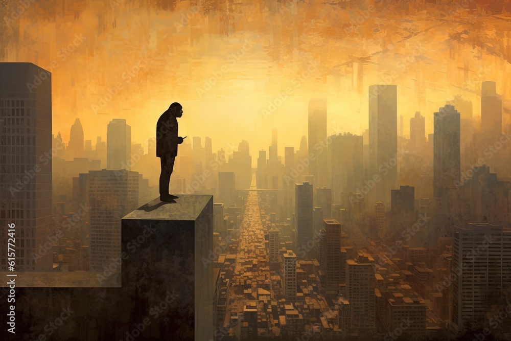 On backdrop of a rising cityscape, the silhouette of human evolution ...