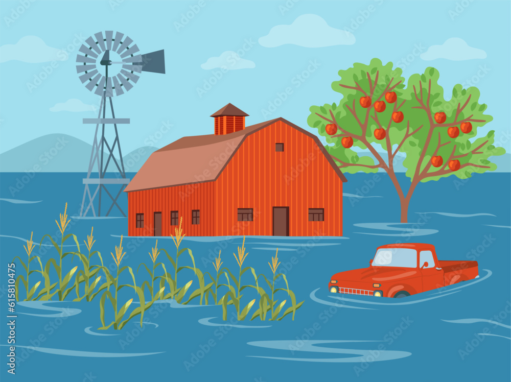 Farm with barn and crops drowning in water vector illustration. Drawing ...