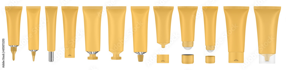 Set of gold tubes and bottles. Roller ball tube. Open and closed blank ...