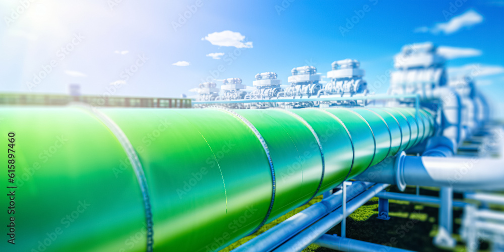 Green Hydrogen renewable energy production pipeline. Blurred Green hydrogen gas for clean ...