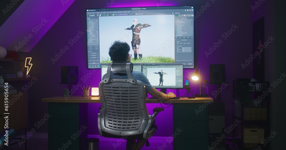 Young creative 3D designer creates video game character or animation ...