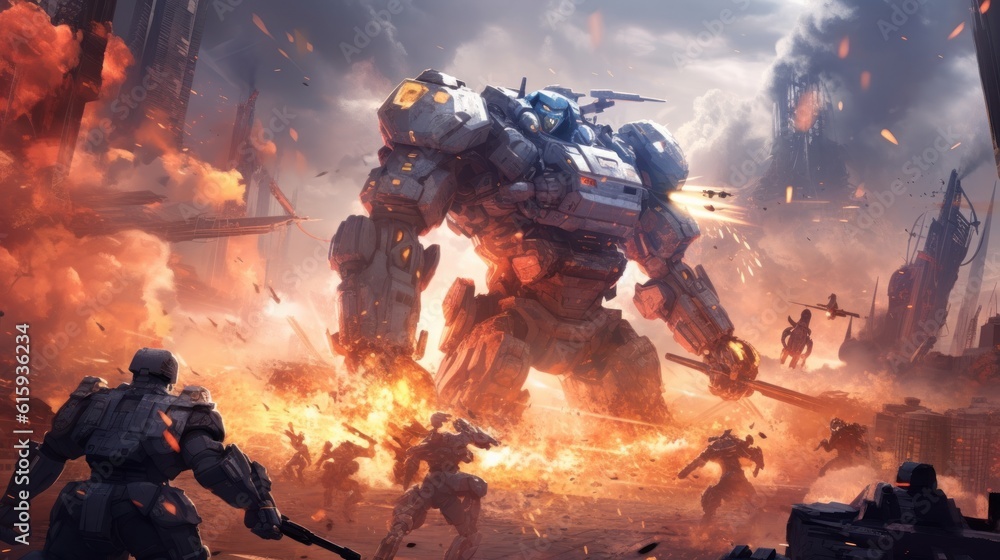 Epic clash between colossal mechs in a war - torn landscape, with ...