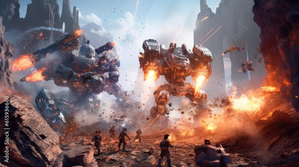 Epic clash between colossal mechs in a war - torn landscape, with ...