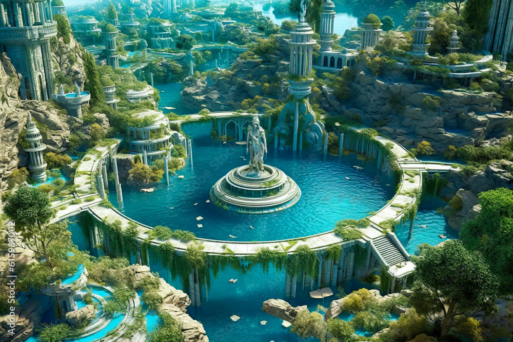 Fantasy ancient city landscape, stone ruins in the water, overgrown ...