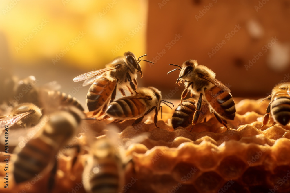 Bees up close in honeycomb filled with delicious honey. Insects sense ...