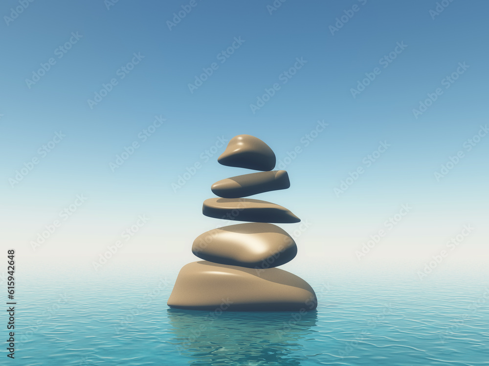 3D render of balancing pebbles in blue ocean Stock Illustration | Adobe ...