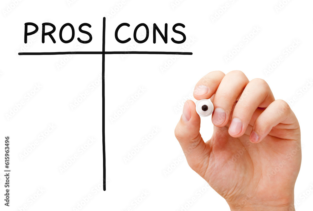 Hand writing Pros and Cons list with black marker on transparent wipe ...