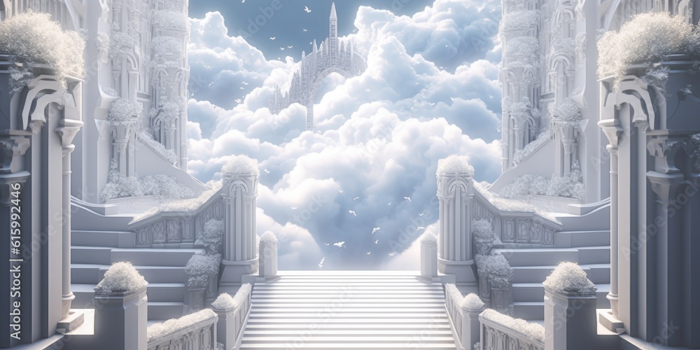 Beautiful heavenly paradise cloudscape. Entering the pearly gates of ...