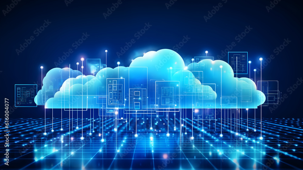 Digital informational technology web futuristic hologram with cloud icon, blue golden light ...