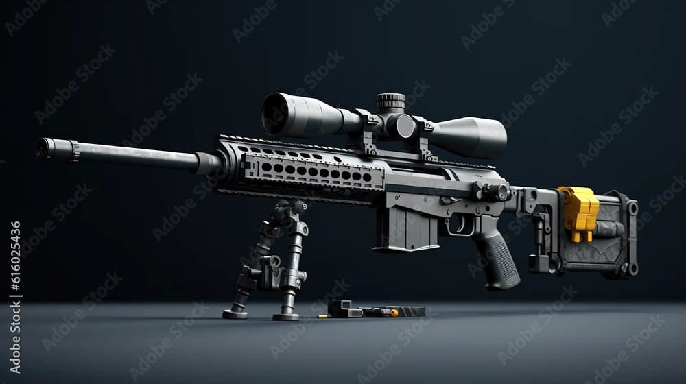 Modern powerful sniper rifle with a telescopic sight mounted on a bipod. Ammo and an additional ...