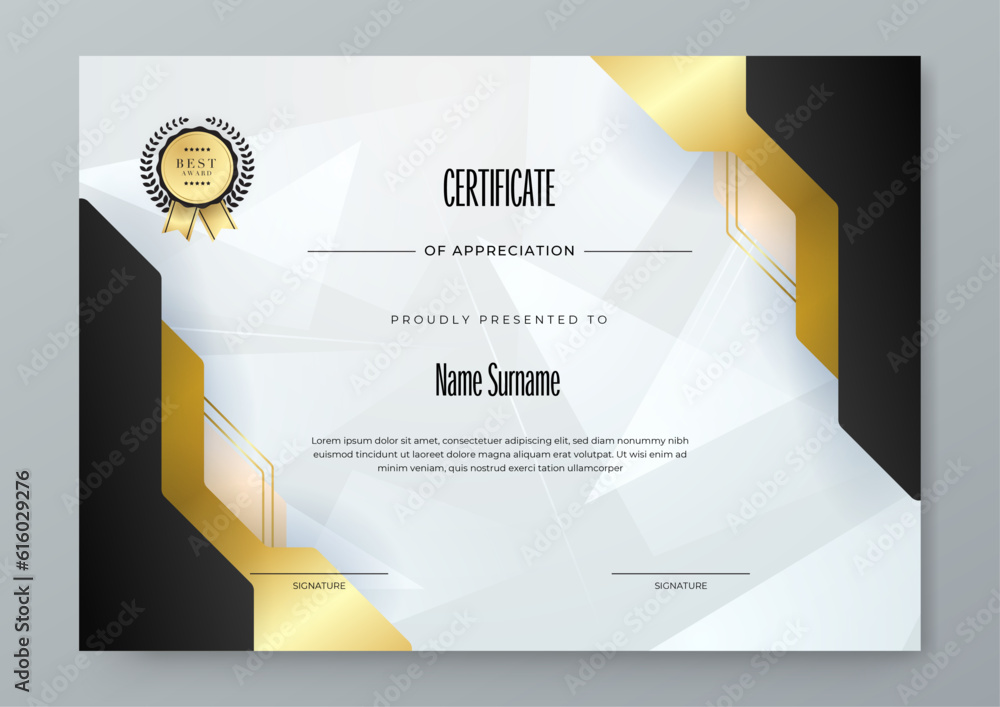 Certificate template with geometry frame and gold badge. White ...