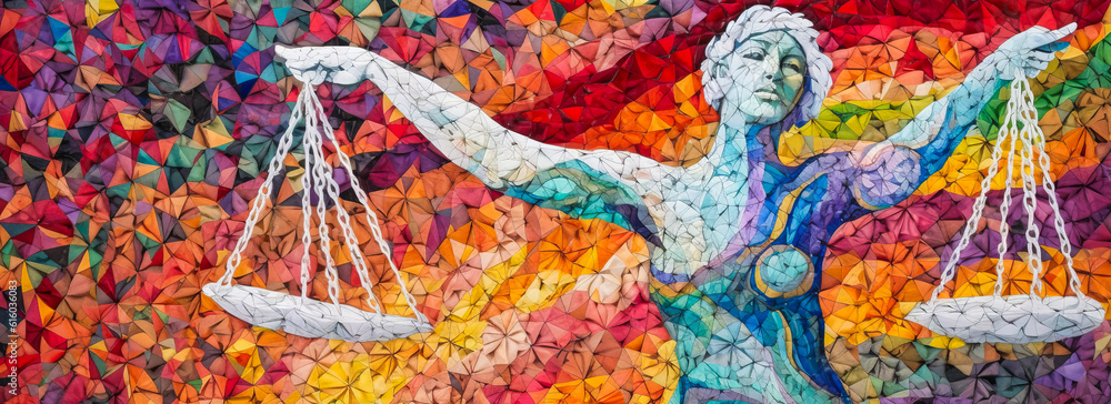 Captivating silver scales of Justice intricately woven into a colorful ...