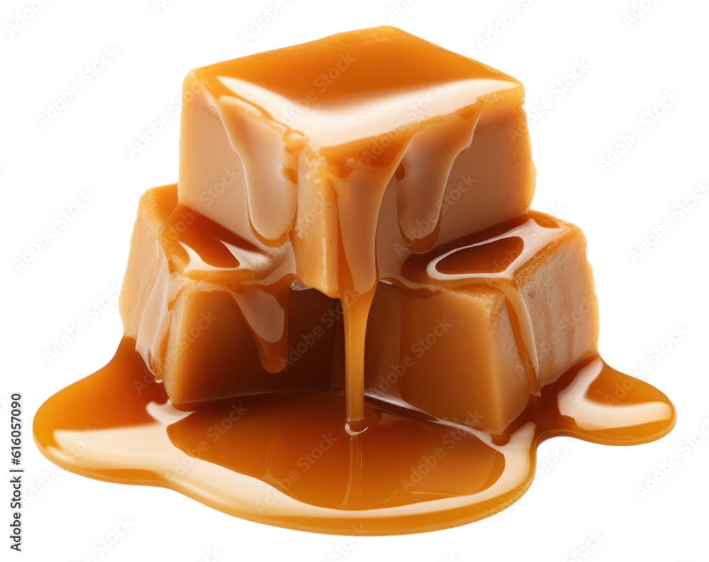 Caramel candies and caramel sauce isolated. Stock Photo | Adobe Stock
