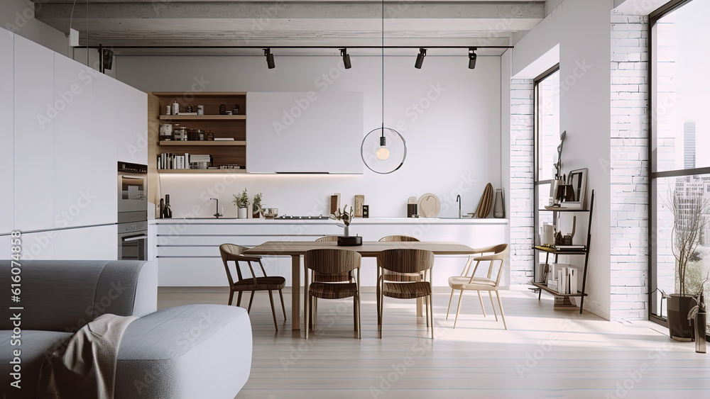 Illustration Stock A loft kitchen featuring modern design with a white ...