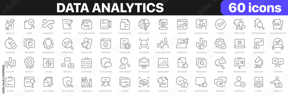 Data analytics line icons collection. Processing, statistics ...