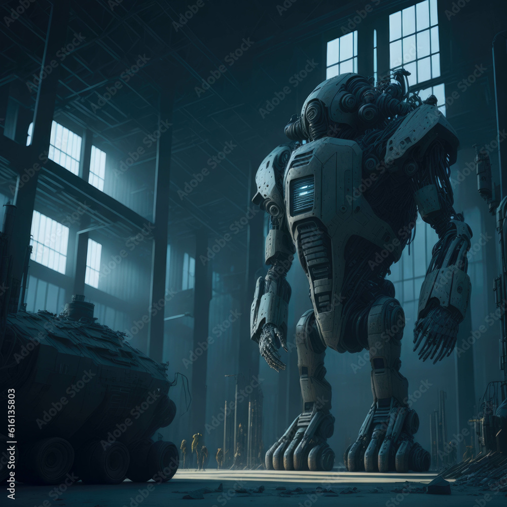 Industrial Futuristic Sci-Fi Hangar, Making Humanoid Robots Synth ...