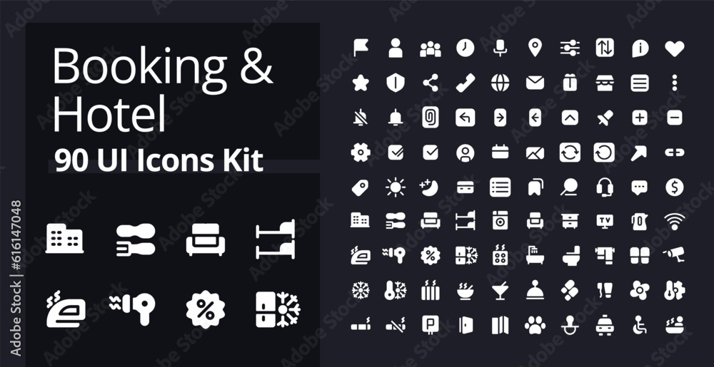 Booking and hotel white glyph ui icons kit for dark mode. Accommodation ...